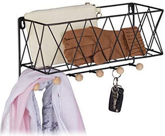 Relaxdays Etagère Murale avec portemanteaux, métal & Bois, Design Grille, 6 Crochets à Vestes, 17 x 36 x 13 cm, Noir