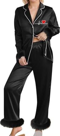 Generic Ensemble de pyjama d&eacute;contract&eacute; et confortable pour la Saint-Valentin 2026 pour femmes, chemise &agrave; manches longues, pantalon, deux ensembles, Noir, XXL
