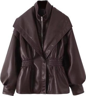 Generic Veste en similicuir pour femme avec fermeture &eacute;clair - Taille &eacute;lastique - Manches lanternes - Col ch&acirc;le - Style d&eacute;contract&eacute; - Pour lautomne, marron, S
