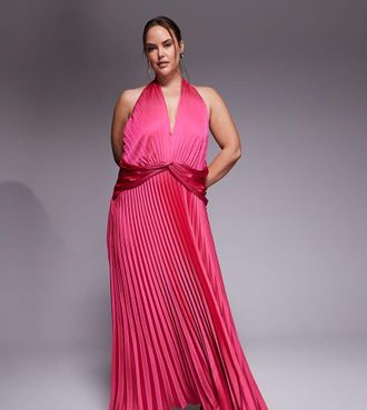 Forever New Plissiertes Neckholder-Maxikleid aus Satin in Fuchsia-Rosa