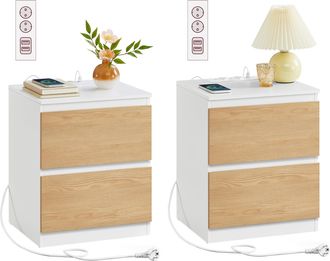 Vasagle Kailyn Kollektion - Nachttisch mit Steckdosenleiste, 2er Set, Beistelltisch 2 Schubladen, 2 AC-Steckdosen, 2 USB-A-Anschl&uuml;sse, f&uuml;r Schlafzimmer, mande