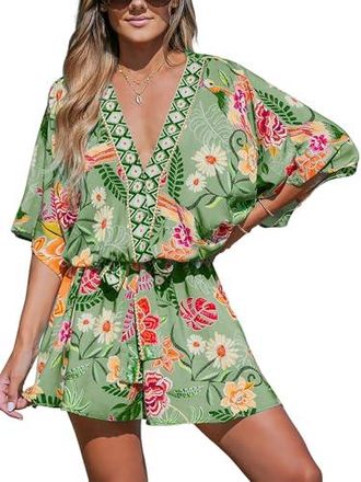 Cupshe Mini robe courte dété pour femme avec ceinture et col en V et manches dolman, vert gazon, Taille XL