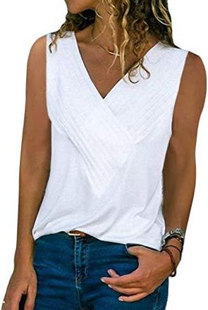 ORANDESIGNE Débardeur Femme Été Col en V sans Manches Chemise Gilet Tops Casual Tunique Blouse Femme Sexy T-Shirts Couleur Unie AB Blanc 44