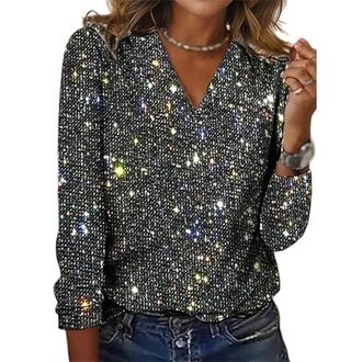 Generic Chemises pour le r&eacute;veillon du Nouvel An, col en V, manches longues, paillettes, haut &agrave; manches longues pour femme, Noir, XXL