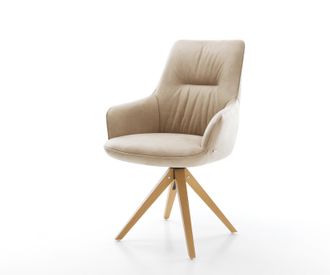 DELIFE Drehstuhl Zelia-Flex mit Armlehnen Mikrofaser Beige Vintage Holzgestell kantig Natur 360&deg; drehbar Taschenfederkern, Esszimmerst&uuml;hle