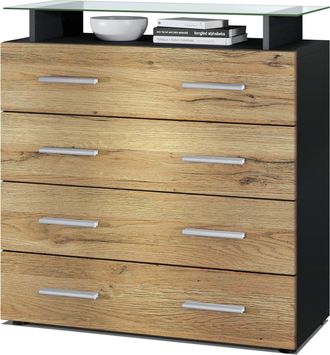Vladon Sideboard Pavos V2, Kommode mit 4 Schubladen und Glasablage, Schwarz matt/Eiche Natur (76 x 81 x 35 cm)