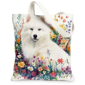 Generic Sac fourre-tout en toile motif chien samoy&egrave;de de printemps 33 x 38,1 cm, sac r&eacute;utilisable &agrave; motif imprim&eacute; aquarelle pour femme, animal domestique, pei