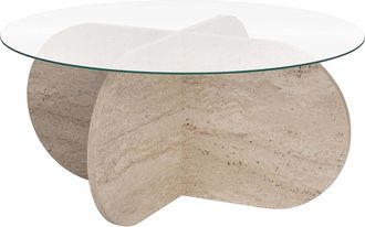 Hanah Home Stylish Coffee Table, 75 x 35 x 75 cm | 100% Tempered Glass & Melamine Coated Particle Board, 18 mm Thick | Elegant Travertine & Transparent Design fo