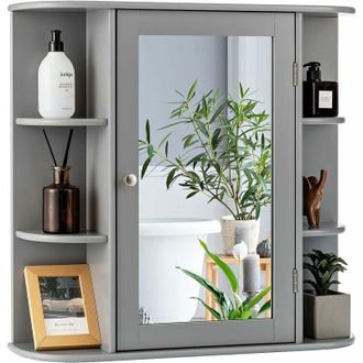 Costway Spiegelschrank mit 6 offenen F&auml;cherregalen und 3 Innenregalen, mit Spiegelt&uuml;r, 65 x 17 x 63 cm Badezimmerspiegel Braun - Costway