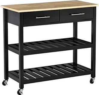 HOMCOM Chariot de Service desserte de Cuisine &agrave; roulettes 2 &eacute;tag&egrave;res 2 tiroirs Noir Bois Naturel