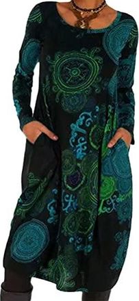 Onsoyours Femme Robe Rétro Robes De Plage Col en V Robes Au Genou Manches Longue Casual Tuniques T-Shirt Dress Imprimée Floral Vintage Ethnique Grande Taille Ro