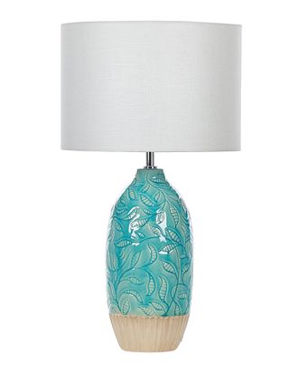 Beliani Tischlampe mit Keramikfu&szlig; Blau T&uuml;rkis 58 cm Bl&auml;ttermotiv Lampenschirm wei&szlig; Ataba