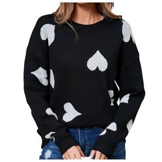 Generic Pull d&eacute;contract&eacute; &agrave; manches longues et col rond pour femme Motif coeur mignon 2026, Noir, XL