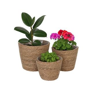 Relaxdays Pot de Fleurs, Lot de 3, en Roseau, Pots avec Doublure, 3 Tailles, Style bohème, Cache-Pots Ronds, Naturel
