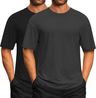 Generic Chemise unie pour homme 2026 en coton - T-shirt d&eacute;t&eacute; d&eacute;contract&eacute; &agrave; col rond et manches courtes - T-shirt classique basique 2 pi&egrave;ces pour int&eacute;rieur et 