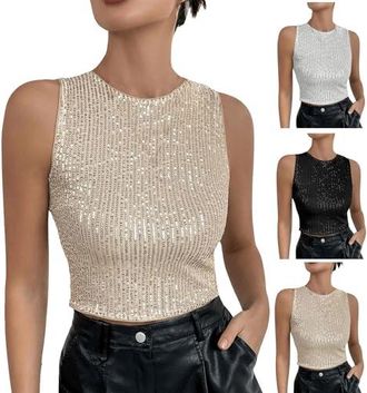 Generic Y2K Hauts &agrave; paillettes pour femme - Crop Tops court ventre nu - D&eacute;bardeur &agrave; paillettes - Sans manches - &Eacute;paules d&eacute;nud&eacute;es - Tunique - Couleur unie - &Eacute;l