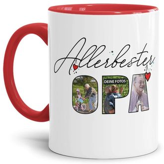 Tassendruck Fototasse mit Spruch - Allerbester Opa - zum Selbst gestalten mit Foto-Collage f&uuml;r 3 Fotos, Innen & Henkel Rot, 300 ml