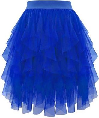 Generic Jupe midi pour femme, jupe trap&egrave;ze, jupe superpos&eacute;e en maille, taille haute &eacute;lastique, jupes dHalloween en cuir synth&eacute;tique, bleu, XL