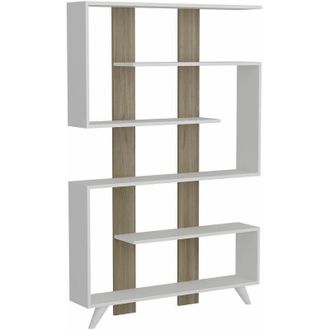 Toilinux Biblioth&egrave;que scandinave 120x162 cm - Panneau m&eacute;lamin&eacute; blanc et noyer - 6 &eacute;tag&egrave;res pour rangement &eacute;l&eacute;gant - Fixation murale incluse - Toilinux