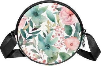 Generic Petit sac &agrave; bandouli&egrave;re circulaire pour femme, motif feuilles florales, sac &agrave; dos avec fermeture &eacute;clair, bretelles r&eacute;glables, sac &agrave; main rond d&eacute;contra