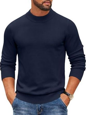 Coofandy Pull pour Homme &agrave; Col Rond et Manches Longues Pull &agrave; Col Roul&eacute; Tricot&eacute; Mock Turtleneck Sweater Pull L&eacute;ger Bleu fonc&eacute; XXL