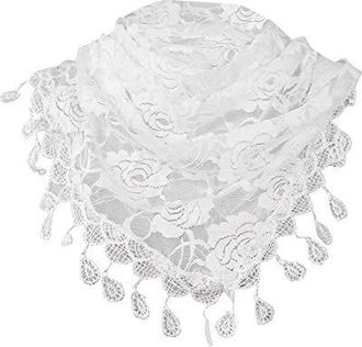 Generic &Eacute;charpes en soie pour femme - Motif floral rose - Ch&acirc;le - Pompons en dentelle creuse - &Eacute;charpe mignonne, blanc, taille unique