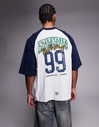 Aape By A Bathing Ape AAPE by A BATHING APE - Oversize-T-Shirt in Grau und Blau mit Raglan&auml;rmeln und R&uuml;ckenprint-Bunt