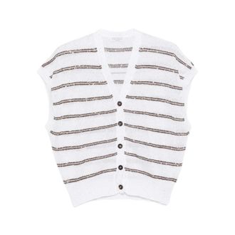 Brunello Cucinelli Pull &agrave; rayures orn&eacute; de sequins - Femme - Vestes - Blanc - Taille: 36 FR
