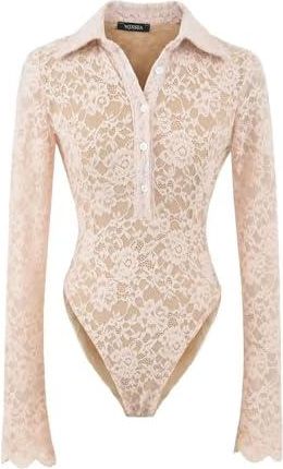 Generic YUJIEBB Body &eacute;l&eacute;gant &agrave; manches longues en dentelle noire pour femme, 1555 Rose, L