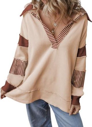 Generic Chandail surdimensionn&eacute; &agrave; blocs de couleurs pour femmes, polo &agrave; col en V, chemises &agrave; manches longues, style d&eacute;contract&eacute; et ample, kaki, XXL