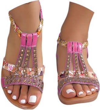 Onsoyours Sandale Femme Été Compensees Mode Élégance Mules Sandales Bout Ouvert Rome Strass Bride Cheville Chaussures pour Plage Vacances A Rose Rouge 38 EU