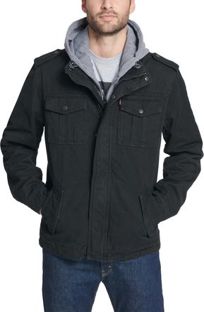 Levi's Herren Milit&auml;rjacke mit Kapuze aus Gewaschener Baumwolle (Normale Gr&ouml;&szlig;en) Leichte Baumwolljacke, Schwarz/Sherpa-Futter, 3XL