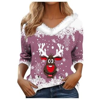Generic Pull Noel Femme Col en V Fourrure Manches Longue Tee Shirt Drole Moche Imprim&eacute; Christmas Sweatshirt Automne Hiver Chaud(2026)