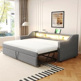 Generic Lit capitonn&eacute; extensible avec compartiment de rangement multifonction, lumi&egrave;re LED, prise USB et sommier &agrave; lattes, lit de jour flexible, simple ou dou