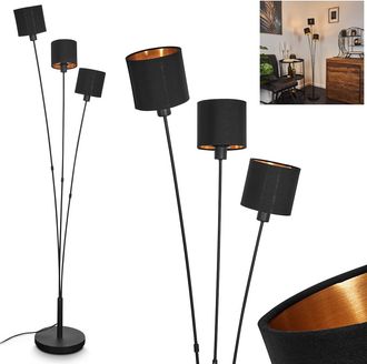 HOFSTEIN Stehleuchte Alsen, runde Bodenlampe aus Metall in Schwarz und Stoffschirmen in Schwarz/Goldfarben, 3-flammige Standlampe, 3 x E14, mit Fußschalter am 
