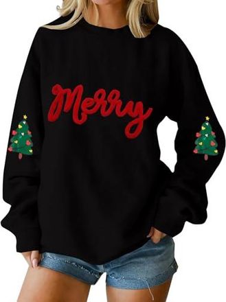 Generic Sweat-shirt imprimé sapin de Noël pour femme, pull de Noël fantaisie mignon joyeux Noël 2025 vacances festif confortable pull haut col rond surdimensi