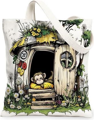 Generic Sac fourre-tout en toile de singe printanier pour faire du shopping, 33 x 38,1 cm, maison amusante et r&eacute;utilisable, motif imprim&eacute; floral, sac d&eacute;piceri