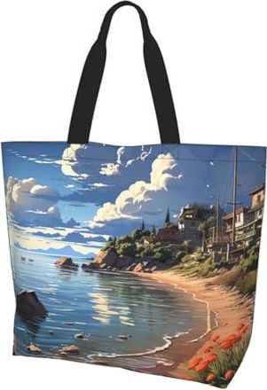 Generic Sc&egrave;ne De Bord De Mer Sac Fourre-Tout Imperm&eacute;able Sacs De Courses R&eacute;utilisable Sac Fourre Tout Pour Voyage Plage Travail