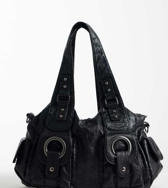 KAIIA Exclusive - Cargo-Handtasche aus schwarzem Kunstleder mit silberfarbenem Metalldetail