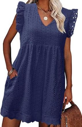 Heekpek Heekpek Robe D&eacute;t&eacute; Boheme Chic et Elegant de Plage Col V Courte avec Poches et Manches &agrave; Volants