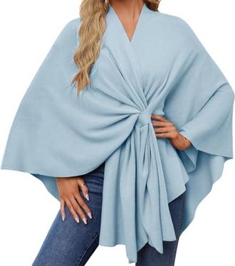 Generic Poncho élégant doux ouvert sur le devant, léger sur le devant, chaud pour le printemps, lautomne et lhiver, bleu clair, Taille unique