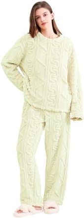 Power Flower Ensemble Pyjama en Polaire Douce pour Femme - Pull et Pantalon Amples en Peluche, Ensemble de Nuit Confortable 2 pi&egrave;ces pour lHiver (S-M, LY219-Green)