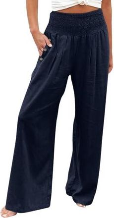 Generic Pantalon en lin pour femme - Pantalon d&eacute;t&eacute; d&eacute;contract&eacute; &eacute;lastique taille haute - Pantalon de plage tendance avec poches - Pantalon d&eacute;contract&eacute; pour fem