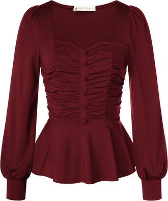 Belle Poque Peplum Tops f&uuml;r Damen Puff&auml;rmel Quadratischer Ausschnitt Ger&uuml;schte Vorderseite Blusen Oberteile