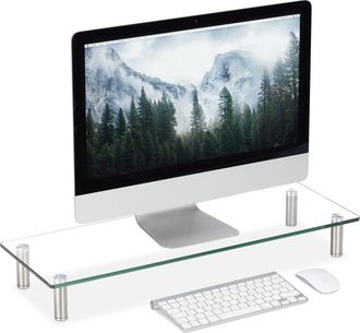 Relaxdays Bildschirmständer Glas, TV Aufsatz, Notebookständer höhenverstellbar 9 - 11 cm, B x T: 70 x 24 cm, transparent