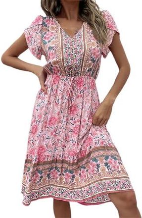 Generic Robe boh&egrave;me 2026 pour femme avec poches, chemises de nuit florales, robe Mumu Moomoo &agrave; manches courtes, rose, XL