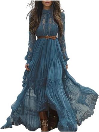 ORANDESIGNE Robe Longue Retro à Col en V et Manches Longues pour Femmes Robes en Mousseline de Soie Vintage Western Country Robe Décontractée dautomne X Bleu XL