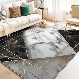 Generic Tapis &agrave; Motif G&eacute;om&eacute;trie Abstraite Marbre Grand Antid&eacute;rapant &agrave; Poils Courts Doux Chambre Poil Ras de Sol Noir Blanc, 120 x 180 cm