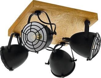 Eglo Deckenlampe Gatebeck, 4 flammige Deckenleuchte Vintage, Industrial, Retro, Deckenstrahler aus Stahl in Schwarz und Holz in Natur, Wohnzimmerlampe, Küc