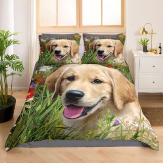 Generic Golden Retriever Bettw&auml;sche 140x200 Hund Bettw&auml;sche Set, 3D Bettbezug Set Weich Microfaser Bettbez&uuml;ge 3 Teilig Tierhund Wendebettw&auml;sche f&uuml;r Kinder Erw